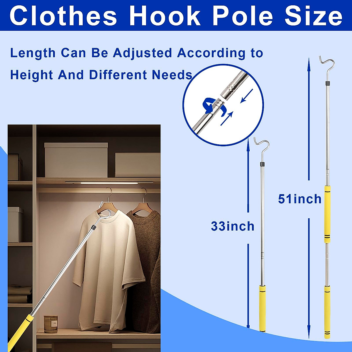 Frebuta Clothes Hook Pole, 51In Closet Reacher Pole Stainless Steel Garment Hook Pole S Hook For Plants Hang Light Rod Soft Sponge Handle Studiness& Durability Lightweight (Yellow Black)