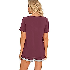 PrinStory Women's Pajama Set Short Sleeve Shirt and Shorts Sleepwear Pjs Sets with Pockets Purple Red-X-Large