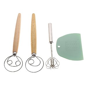 Vctitil 4Pcs Dough Whisk Bread Mixer&Egg Whisk Kits,Bread Making Tools Set,Dutch Whisk,Hand Rotary Whisk,with a Dough Scraper,Ideal for Baking,Pastry(4pcs)