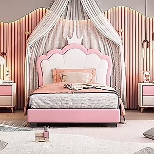 QVUUOU Pink Cute Upholstered Platform Bed Fun Bed Cartoon Elements Princess Bed with Crown Shaped Headboard, Wooden Twin Size Bed Frame Cute Bed Upholstered Bed for Kids Bedroom Furniture