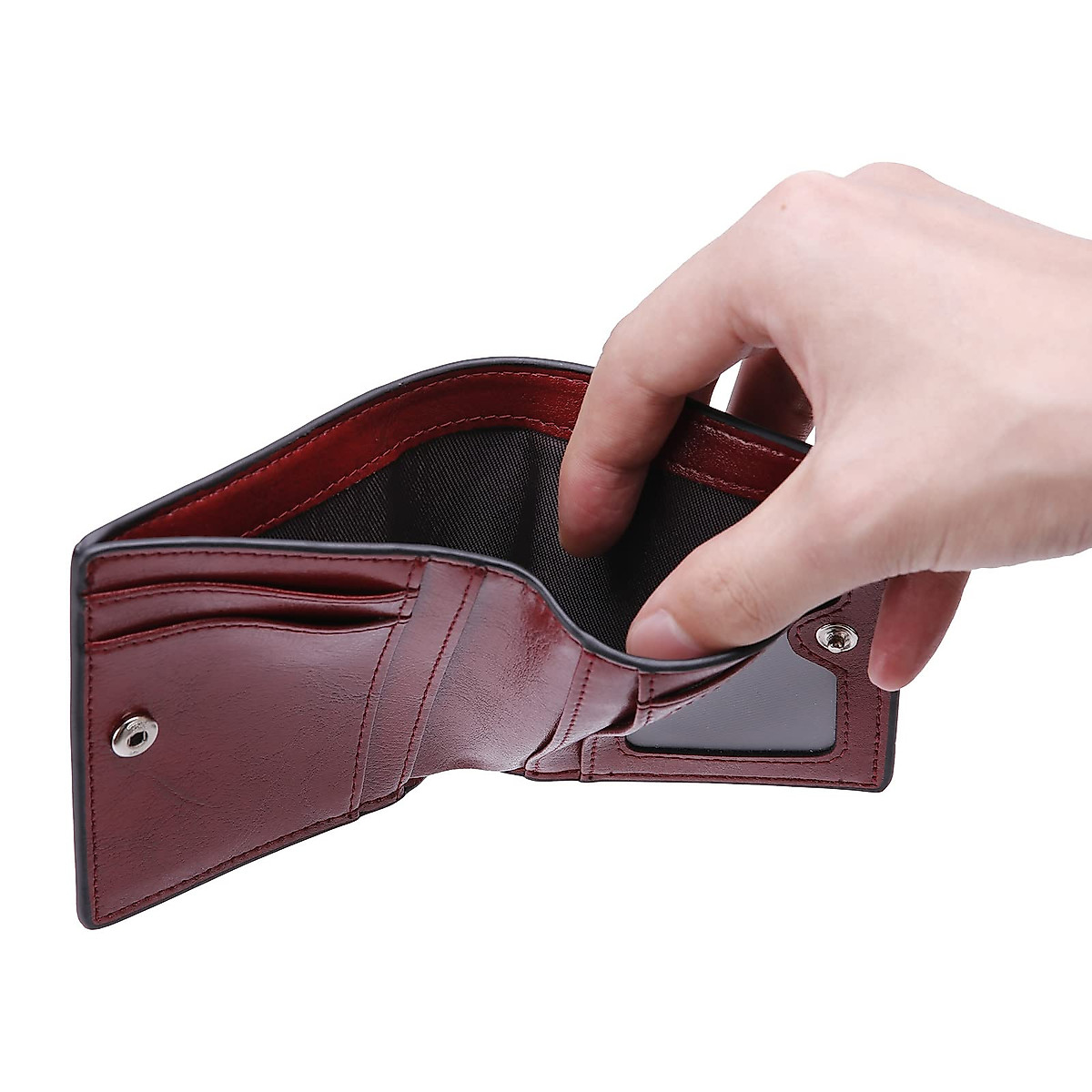 AGBIADD Women's RFID Small Compact Bifold Pocket Wallet Card Holder Organizer Pocket Ladies Mini Purse with id Window (Wax wine red)