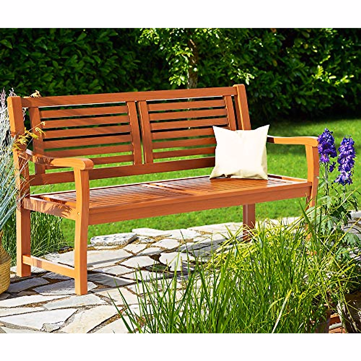 cucunu Outdoor Patio Bench Eucalyptus Wood with Sturdy Armrests and Back for Garden Front Porch 350 Lbs Weight Capacity 2-Seater Outdoor Furniture Park Benches Small Wooden Chair Natural Oiled