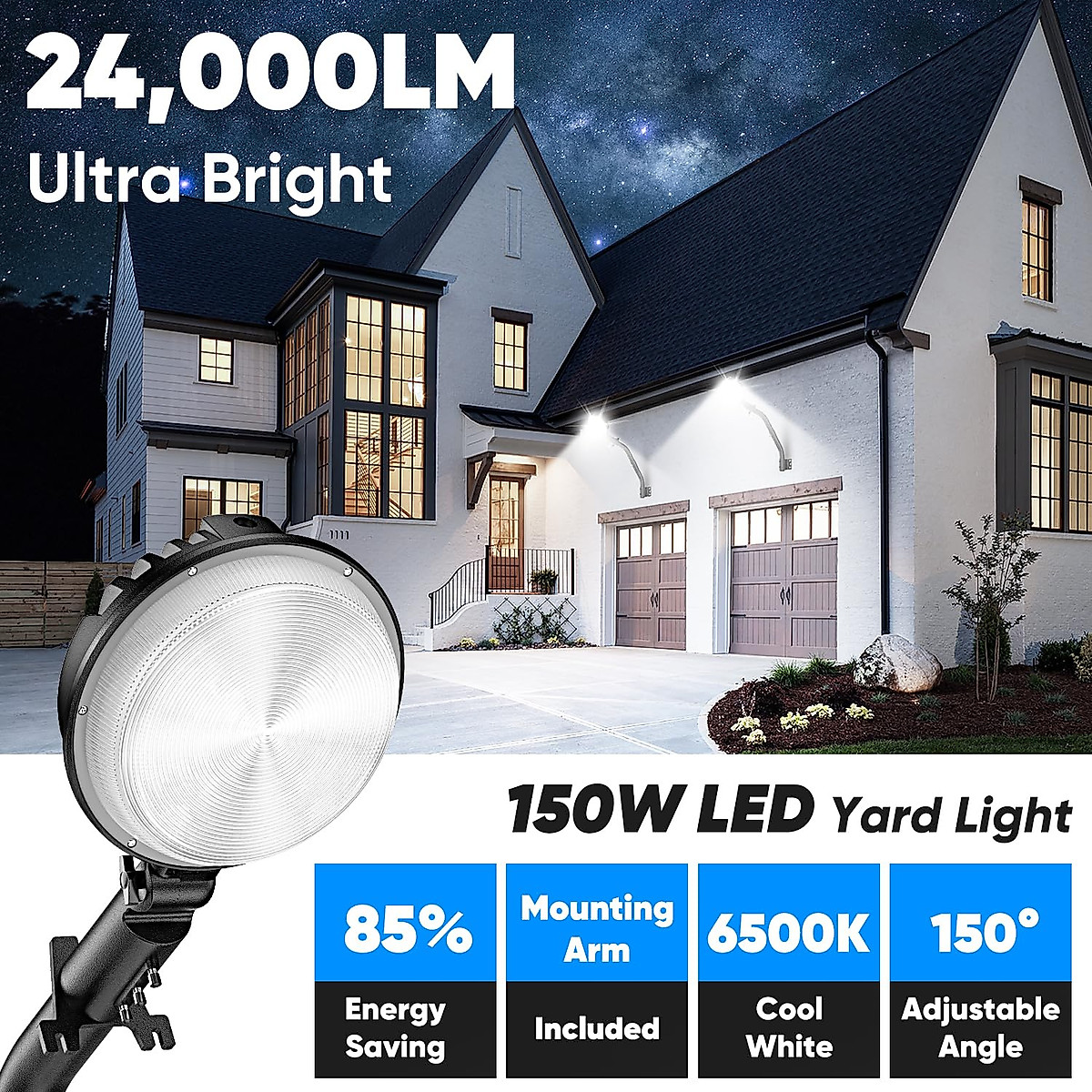 24000LM LED Barn Light, 150W Dusk to Dawn Outdoor Lighting, IP66 Waterproof Yard Light with Photocell, 150° Adjustable Outside Security Light with Mounting Arm, 6500K Area Street Light for Garage