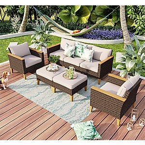 MFSTUDIO 7 Piece Wicker Patio Furniture Set, 2 x Single Chair, 2 x Ottoman, 3-Seat Sofa, All-Weather Outdoor PE Rattan Patio Conversation Set for Garden, Backyard(Beige Cushions)