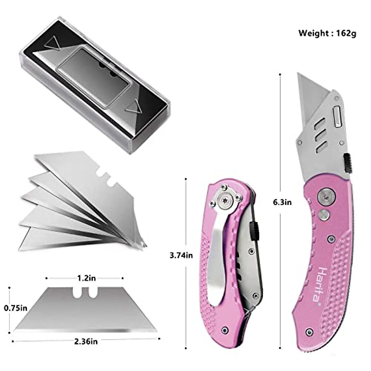 Folding Utility Knife Box Cutter Quick Change Blades, Back-lock Mechanism, Portable Belt Clip, with 5-piece Extra Blades, Purple