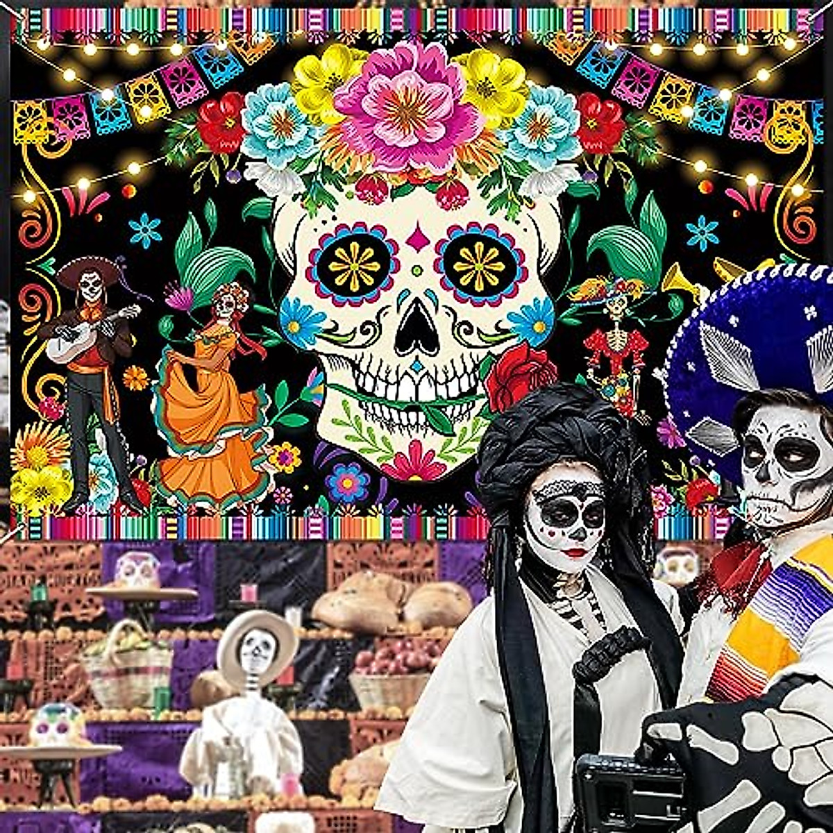 Mexican Day of The Dead Party Decoration Supplies Backdrop Banner for Mexican Fiesta Skull Flowers Photo Booth Background Dia DE Los Muertos for Alebrijes Mexicanos Home Wall Door Decor，5x3FT