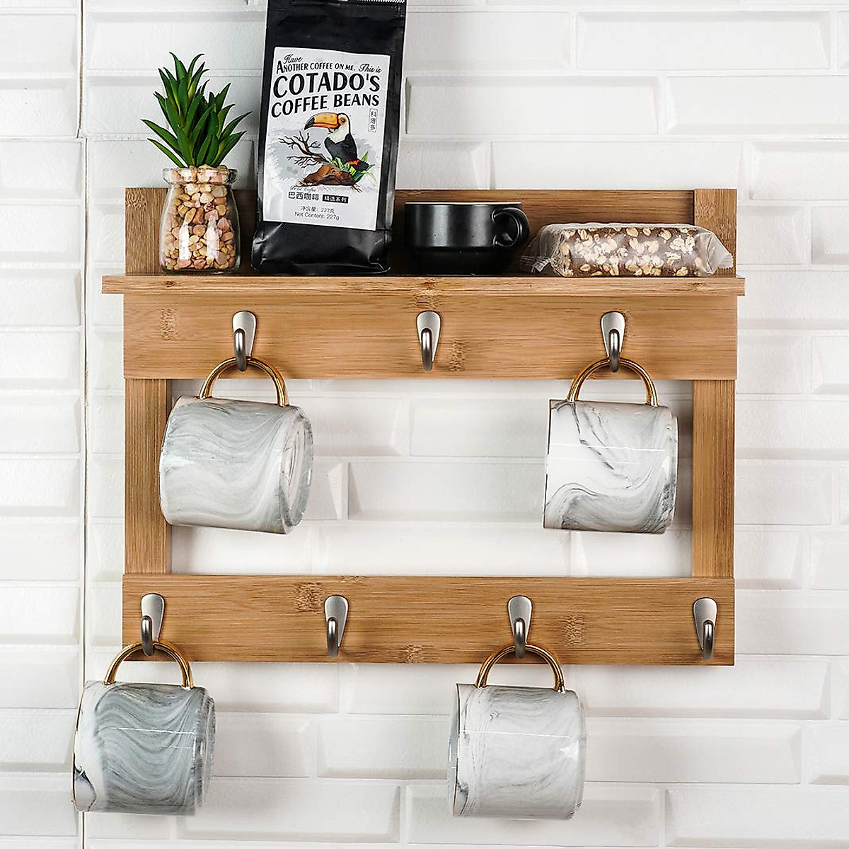 Encozy Coffee Mug Wall Rack, Holder, and Organizer - 7 Hooks Mug with Shelf for Your Favorite Mugs - Adds Charm to Any Kitchen or Office Décor (Bamboo)