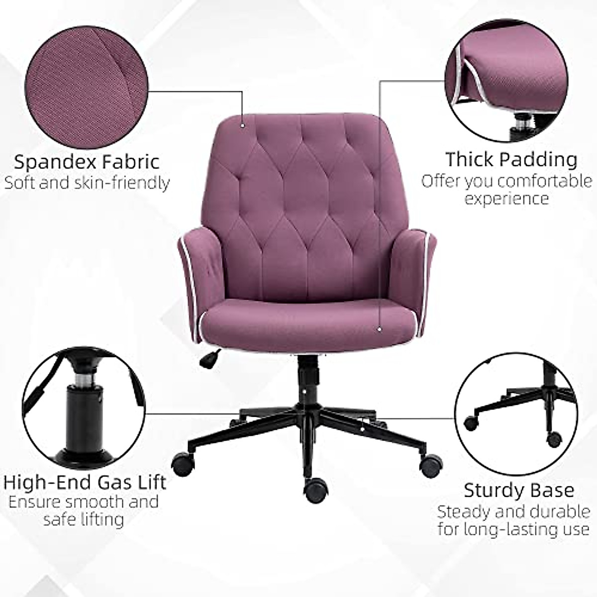 Vinsetto Modern Mid-Back Tufted Spandex Home Office Desk Chair with Adjustable Height, Swivel Adjustable Task Chair with Padded Armrests, Purple