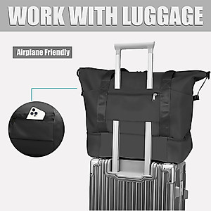 MOCARE Travel Duffel Bag, Sports Gym Tote Carry on Bags for Women, Foldable Lightweight Overnight Shoulder Weekender Shopping Hospital Handbag with Shoes Compartment (Black)