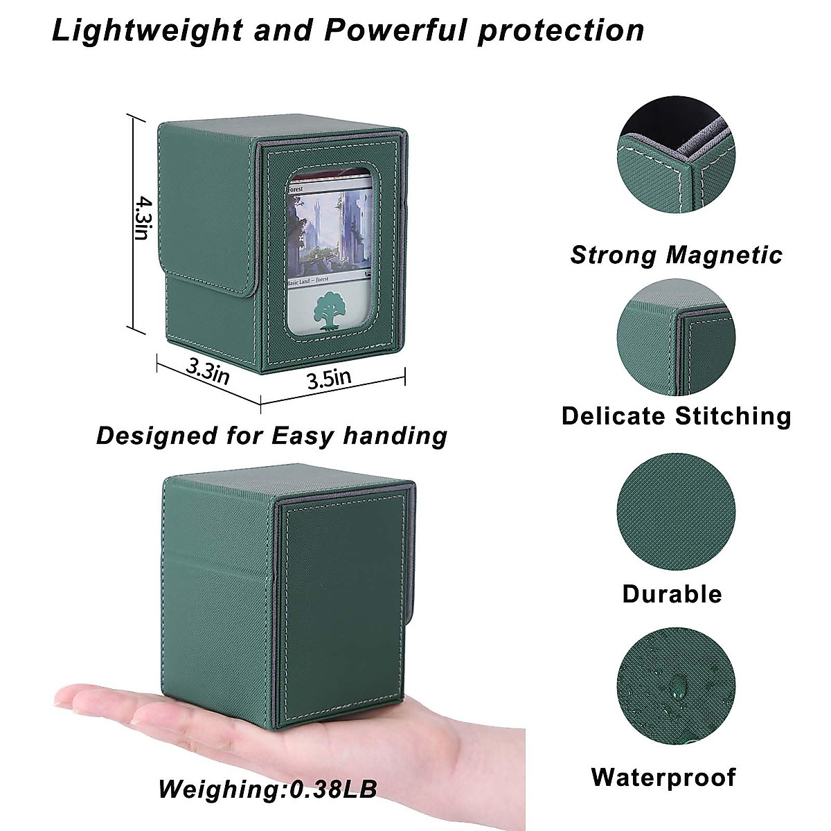 AFIING MTG Deck Box for Commander Display,Card Deck Box Fits 100 Double Sleeved Cards, Magic Commander TCG Card Storage case with 2 Dividers,Dice Bag and 1 Toploader(Green/Grey)