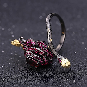 Qitian Rhodolite Garnet Sterling Silver Rings Rose Flower Adjustable Rings Genuine Black Birthstone Open Ring for Women Girls Handmade Adjustable Ring Rhodium Over Sterling Silver