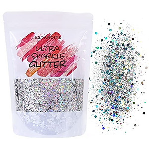 100g Holographic Glitter, Cosmetic Mixed Hexagon Chunky & Fine Craft Glitter Resin Sequins for Epoxy, Resin Art, Body, Hair, Face, Nail, Slime, Tumblers (Silver)