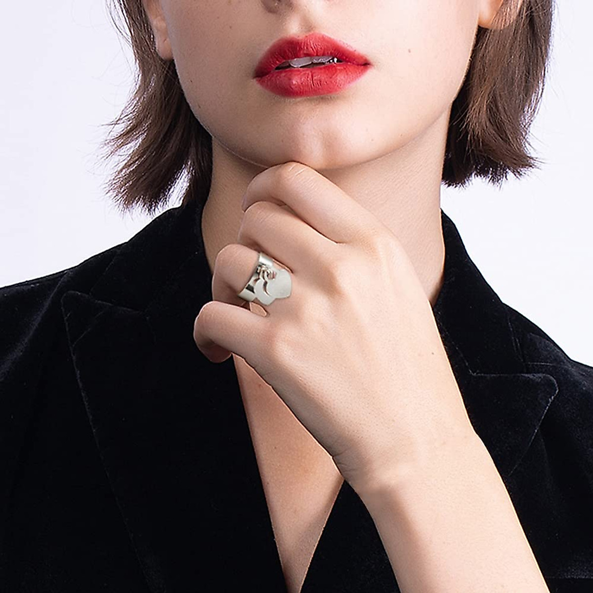 JINHUI Rings with Charms for Girlfriend, 6mm Heart Dangle Ring Graducation Gift 18k Gold Plated Ring Engraved Promise Ring Jewelry (Silver, 7)