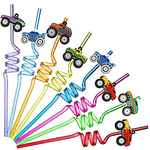 24 Pcs Truck Themed Straws 6 Styles Crazy Straws Reusable Colorful Twisty Plastic Drinking Straws Truck Birthday Party Race Car Party Supplies Baby Shower Favors for Kids Boys