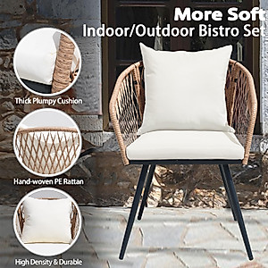 3 Piece Patio Furniture Bistro Set, Outdoor All-Weather Rattan Conversation Set for Garden Balcony Backyard Poolside (Yellow+White)