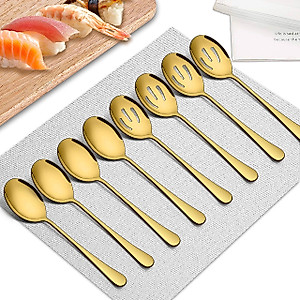 Homikit Stainless Steel 4 Gold Serving Spoons, 4 Gold Slotted Serving Spoons, Metal Buffet Dinner Party Banquet Restaurant Catering Serving Utensils, Mirror Polished, Dishwasher Safe