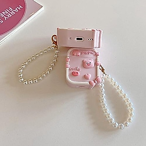 QIXIU for AirPods Pro Case Cover with Pearl Bracelet,Full Protective Silicone Skin Accessories for Women Girl,Kawaii Cute Piglet Wireless Charging Headset Accessories,Pink