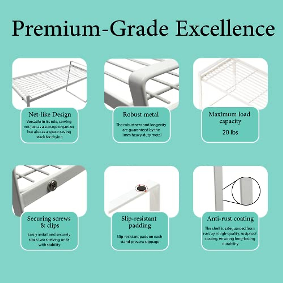 Better House 2 Pack Cabinet Shelf The Ultimate Standing Shelf Stackable Space Saving Steel Frame Rust Resistant Organizer for Kitchen Bathroom Bedroom & Office (Staked Size 20 x 8.25 x 19 in)