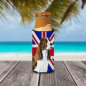 Caroline's Treasures SS4955MUK Springer Spaniel with English Union Jack British Flag Ultra Hugger for slim cans Can Cooler Sleeve Hugger Machine Washable Drink Sleeve Hugger Collapsible Insulator Beve