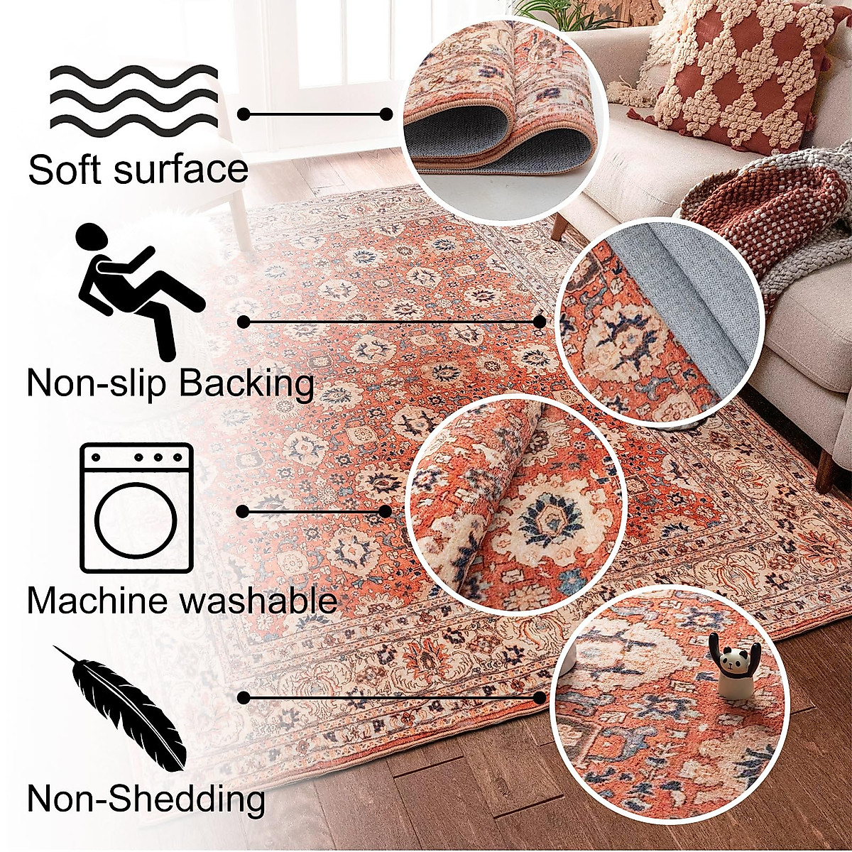 Lbris Area Rug 5x7 Machine Washable Rugs for Living Room Bedroom,Non-Slip Stain-Resistant Large Dining Room Rugs with Rubber Backing,Extra Soft Non Shedding Non Skid Vintage Carpet