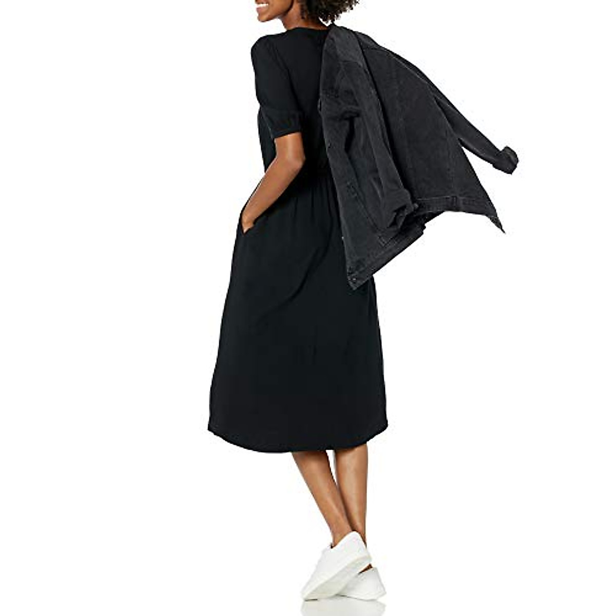 Amazon Essentials Women's Relaxed Fit Half-Sleeve Waisted Midi A-Line Dress, Black, X-Large