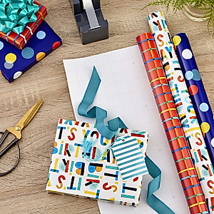 Hallmark Birthday Wrapping Paper Bundle with Cut Lines on Reverse (3-Pack: 55 sq. ft. ttl.) Bright and Holographic Prints and Patterns in Red, Blue, Yellow, White and More