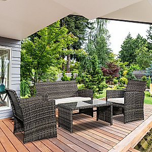 Tangkula AM0948HM Lawn Garden PE Rattan Wicker Furniture (Brown) 4 Piece Outdoor Patio Sofa Set