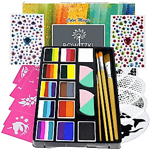Bowitzki Professional Face Painting Kit For Kids Adults 12 x 10gm Face Paint Set Stencil One Stroke Split Cake Palette Non Toxic Rainbow Cakes Flora Unicorn Body Makeup Halloween Christmas Easter
