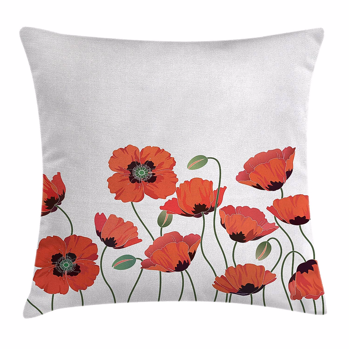 Ambesonne Floral Throw Pillow Cushion Cover, Poppy Flowers in Garden Fresh Plant Idyllic Nature Fragrance Theme Print, Decorative Square Accent Pillow Case, 20" X 20", Orange and Green