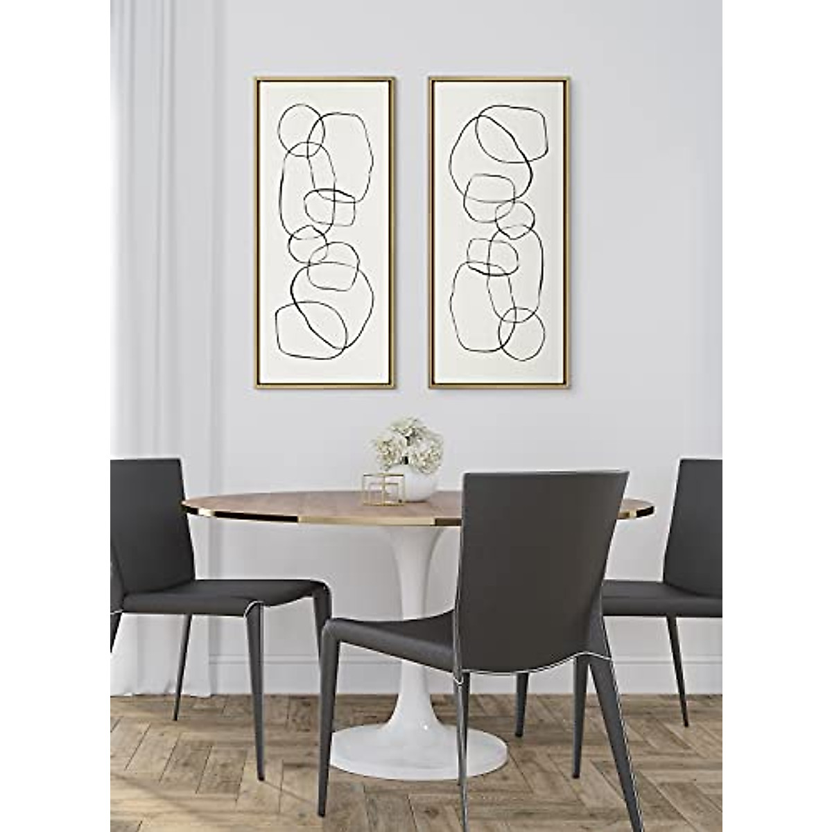 Kate and Laurel Sylvie Dancing Circles Framed Linen Textured Canvas Wall Art by Teju Reval of SnazzyHues, 18x40 Gold, Neutral Abstract Wall Decor