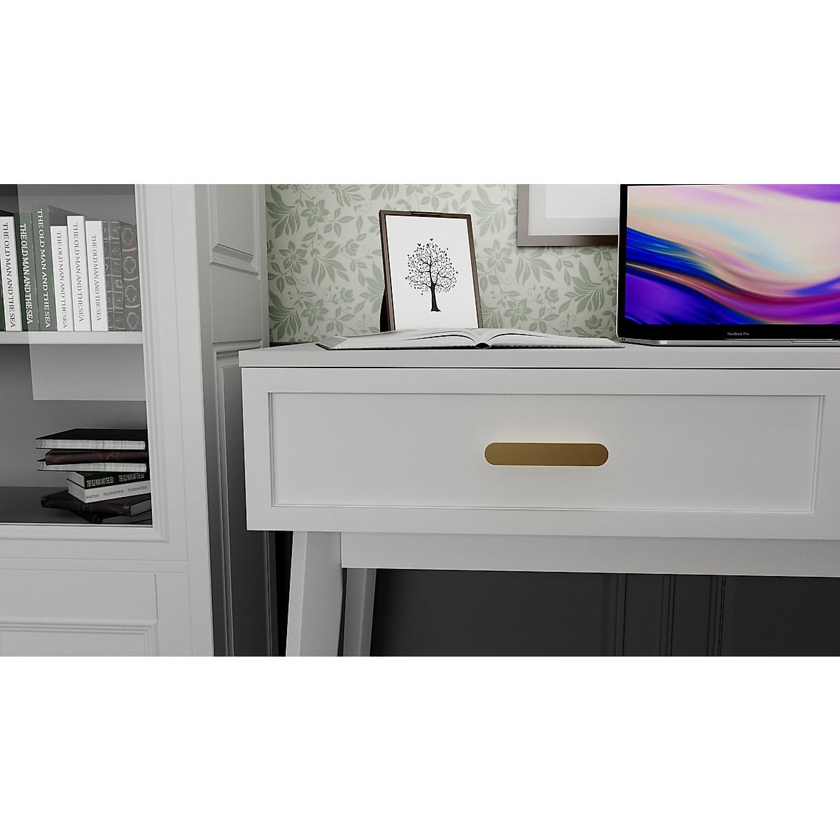 White Home Office Desk with Drawers Storage, Computer Writing Desk with Polished Gold Handle