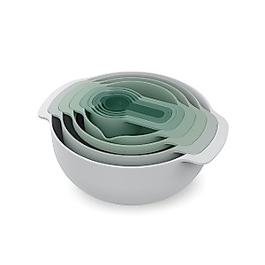 Joseph Joseph Nest 9 Plus, 9 Piece Compact Food Preparation Set with Mixing Bowls, Measuring cups, Sieve and Colander, Editions Range, Polypropylene, Stainless steel, Sage Green