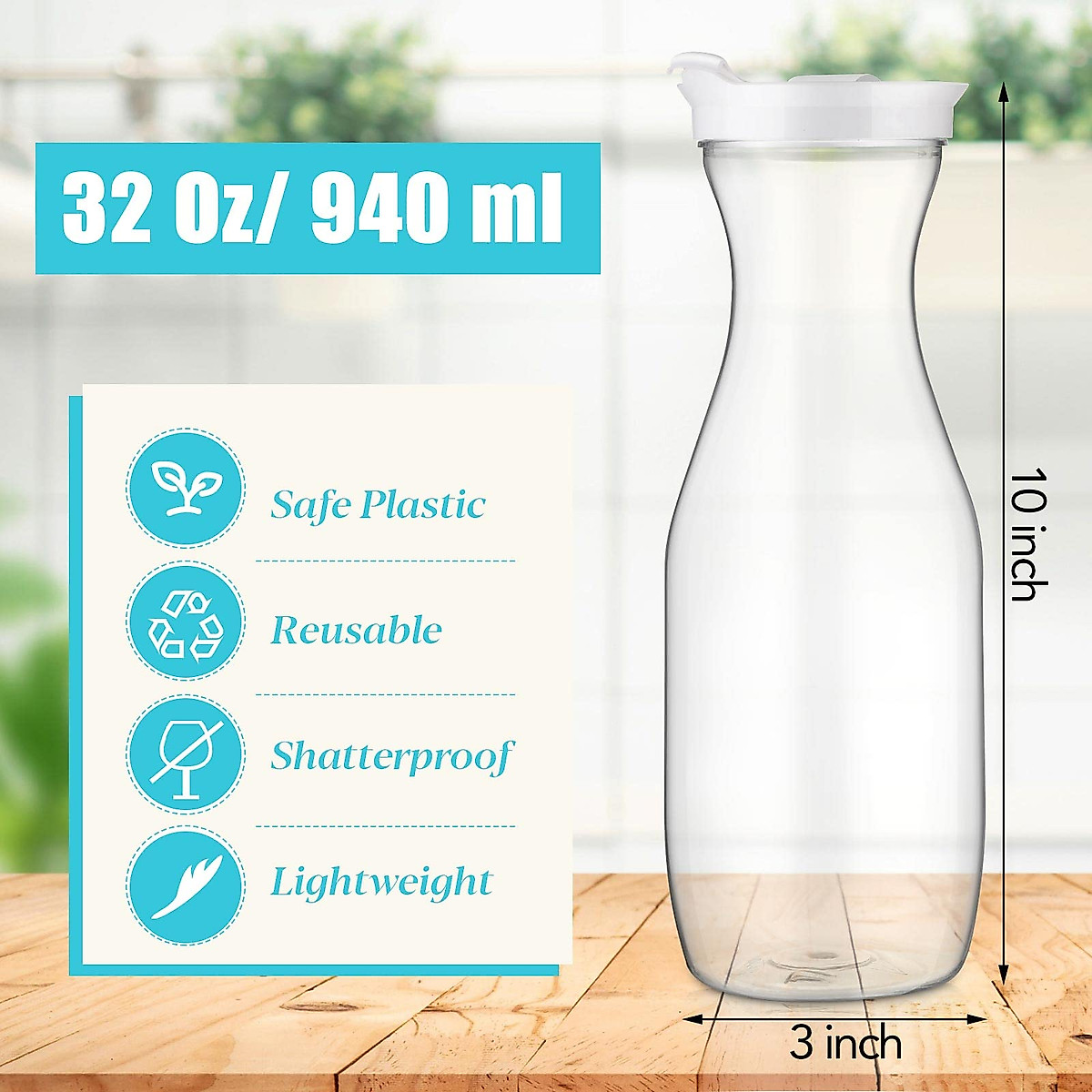 Gejoy 24 Pcs Plastic Carafe with Lids Plastic Juice Pitcher Carafes Clear Plastic Water Beverage Pitchers Smoothie Drink Containers for Bar Mimosa Milk Iced Tea Restaurants Schools Fridge Party, 32 oz