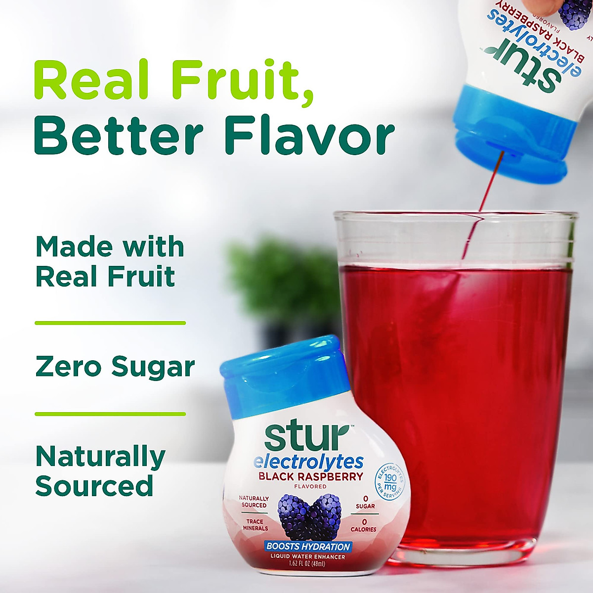 Stur Electrolyte Water Enhancer | Sweetened with Stevia | High in Vitamin C & Antioxidants | Sugar Free | Zero Calories | Keto | Vegan | 5 Bottles, Makes 120 Drinks (Black Raspberry)