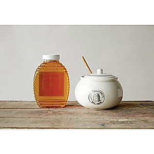 Creative Co-Op White Stoneware Honey Pot with Lid & Wood Honey Dipper (Set of 2 Pieces)