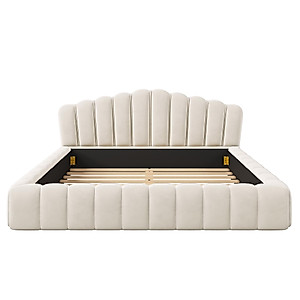 Merax Queen Size Floor Platform Bed Frame,Velvet Upholstered Bedframe with Shell-Shaped Headboard and Cushioning All Around Guards for Bedroom,No Box Spring Needed,Beige