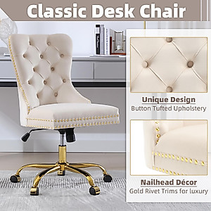 GOOLON Velvet Home Office Desk Chair, Height Adjustable Vanity Chair withTufted Back, Swivel Comfy Seat, Luxury Rivet Trim, Golden Base for Bedroom Living Room, Beige