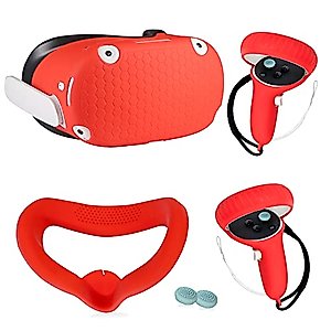 Hanpusen 4-in-1 Silicone Cover Set for Oculus Quest 2 Accessories, Controller Grips Cover, Anti-Fogging VR Face Cover,VR Headset Shell Protective Cover, Shakes Stick Caps Red