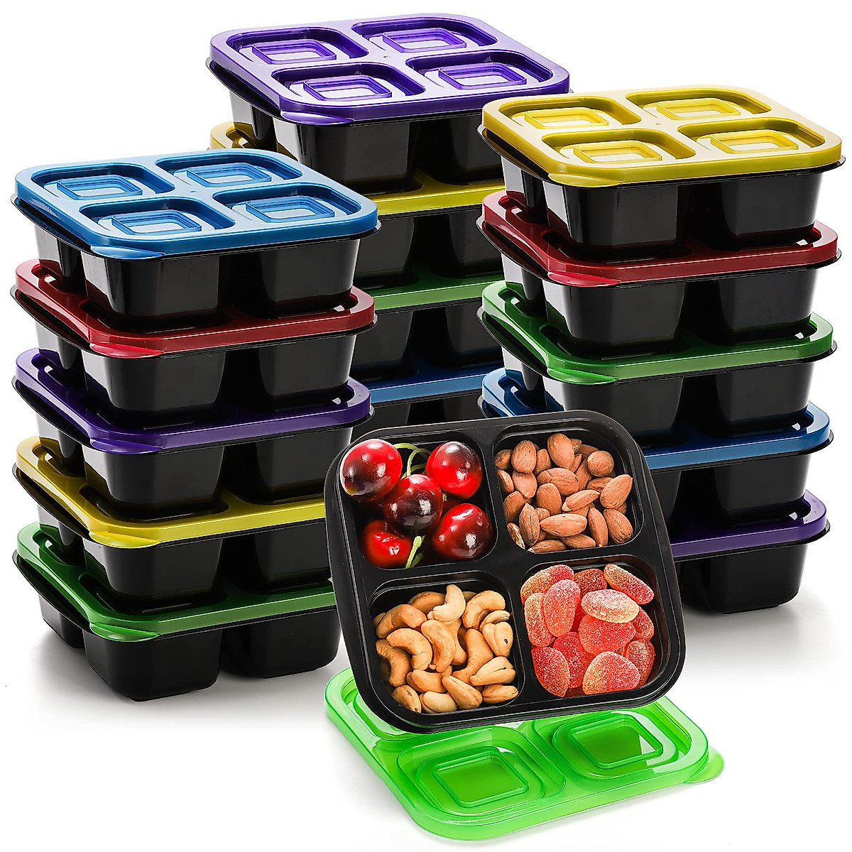 AVLA 15 Pack Snack Bento Box, Reusable Food Storage Container, 4-Compartment To Go Lunch Box, Meal Prep Container with Lid, Stackable Divided Lunchable Container for School, Work and Travel