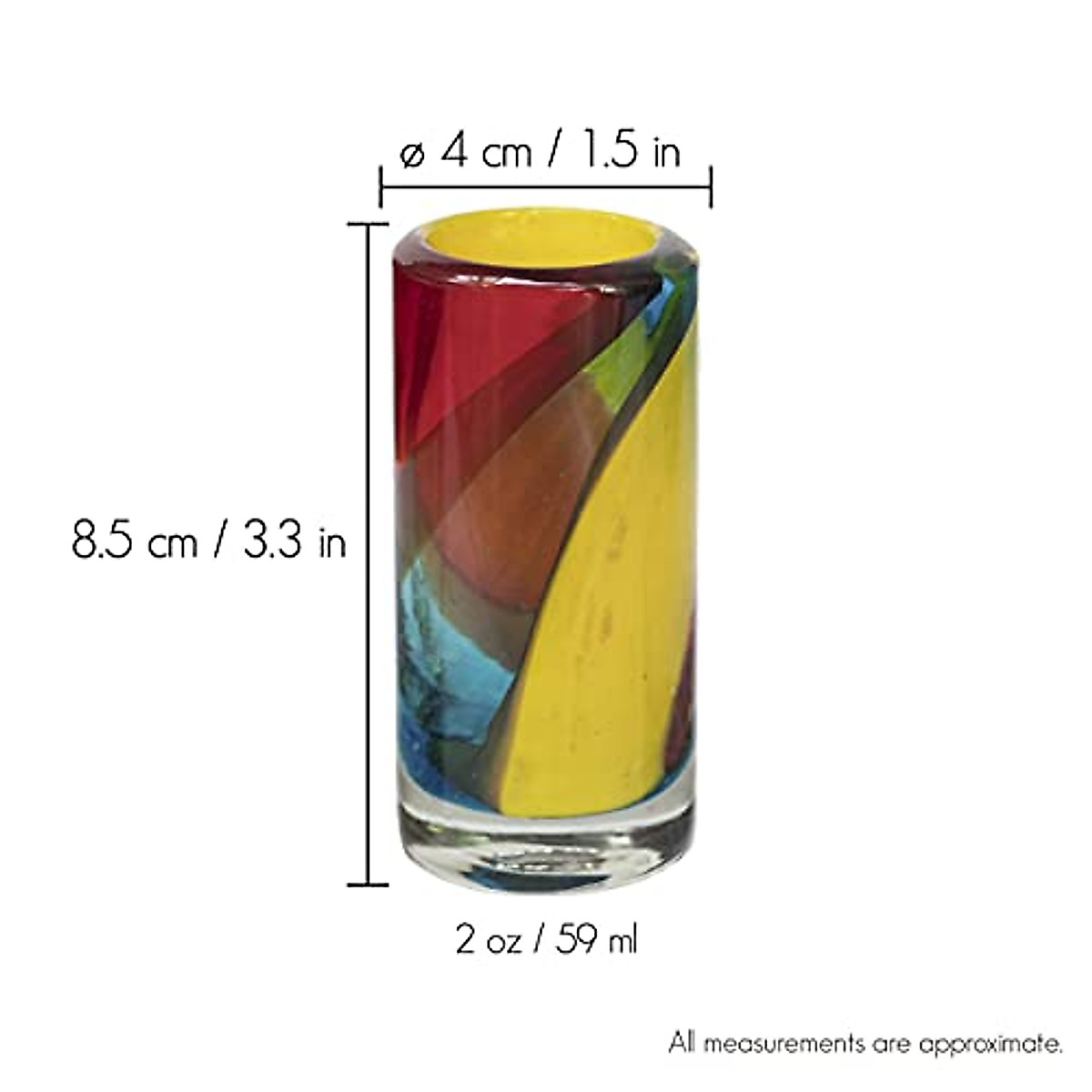 Mexican Tequila Shot Glasses - Set of 6 Large Shot Glasses Pretty Novelty Design Multicolor Recycled Glassware Set Unique Artisan Crafted Dishwasher Safe Hand Blown 2 oz