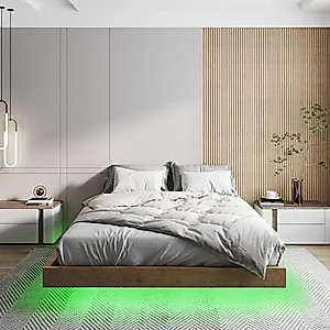 HomeModrn Floatzy Floating RGB Led Platform Bed Frame – Solid Wood with Mattress Foundation – No Box Spring Needed, Easy Assembly, Heavy Duty, No-Slip Bed Foundation (California King, Golden Pecan)