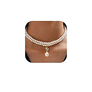 Octwine Dainty Boho Simple Chunky Rhinestones Pearls Short Cross Choker Necklace Chain Multilayer Choker Pearls Cross Pendant Necklaces Prom Party for Women 2 Tier