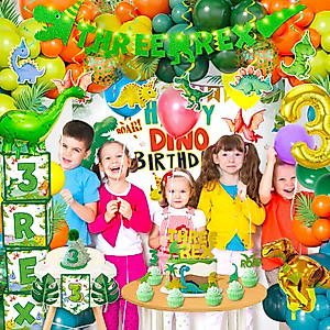 cocomigo 147pcs Three Rex Birthday Decorations Boy, Dinosaur Birthday Decorations 3 Year Old Boy Include Three Rex Balloons Banner Backdrop Etc, for 3 Rex Birthday Decorations Boys and Grils
