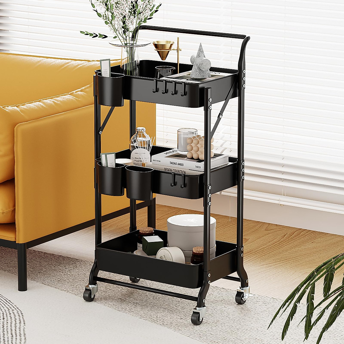 3 Tier Foldable Rolling Cart with Wheels, Folding Utility Cart Organizer, Collapsible Rolling Storage Cart with 3 Hanging Cups & 6 Hooks for Kitchen, Office, Nursery(Black)