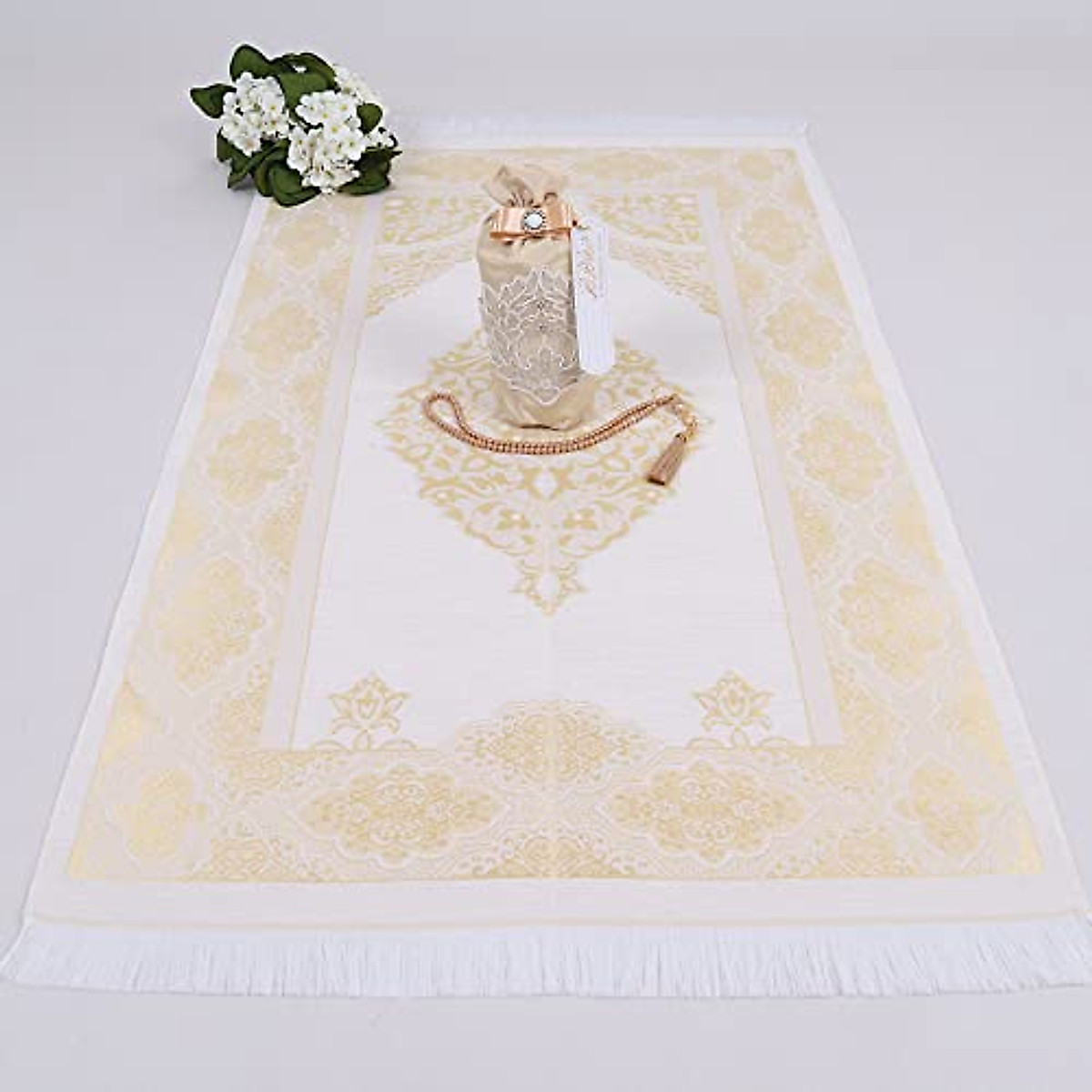 Islamic Elite Favors Personalized Muslim Lightweight Travel Prayer Rug Beads Set, Prayer Mat Tasbeeh Set, Ramadan Eid Hajj Umrah Wedding Birthday Graduation Mother's Day (Gold)