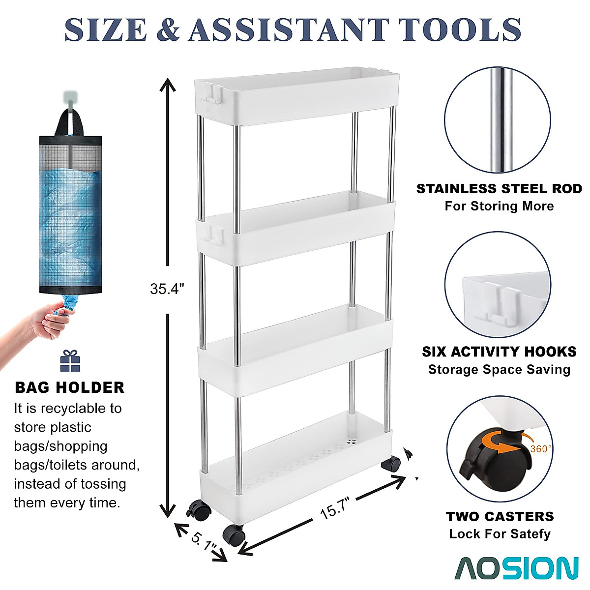 AOSION Slim Storage Cart with Wheels, White, 5.1in Width, 4-Tier Kitchen Storage Organizer, Waterproof and Rust-Proof