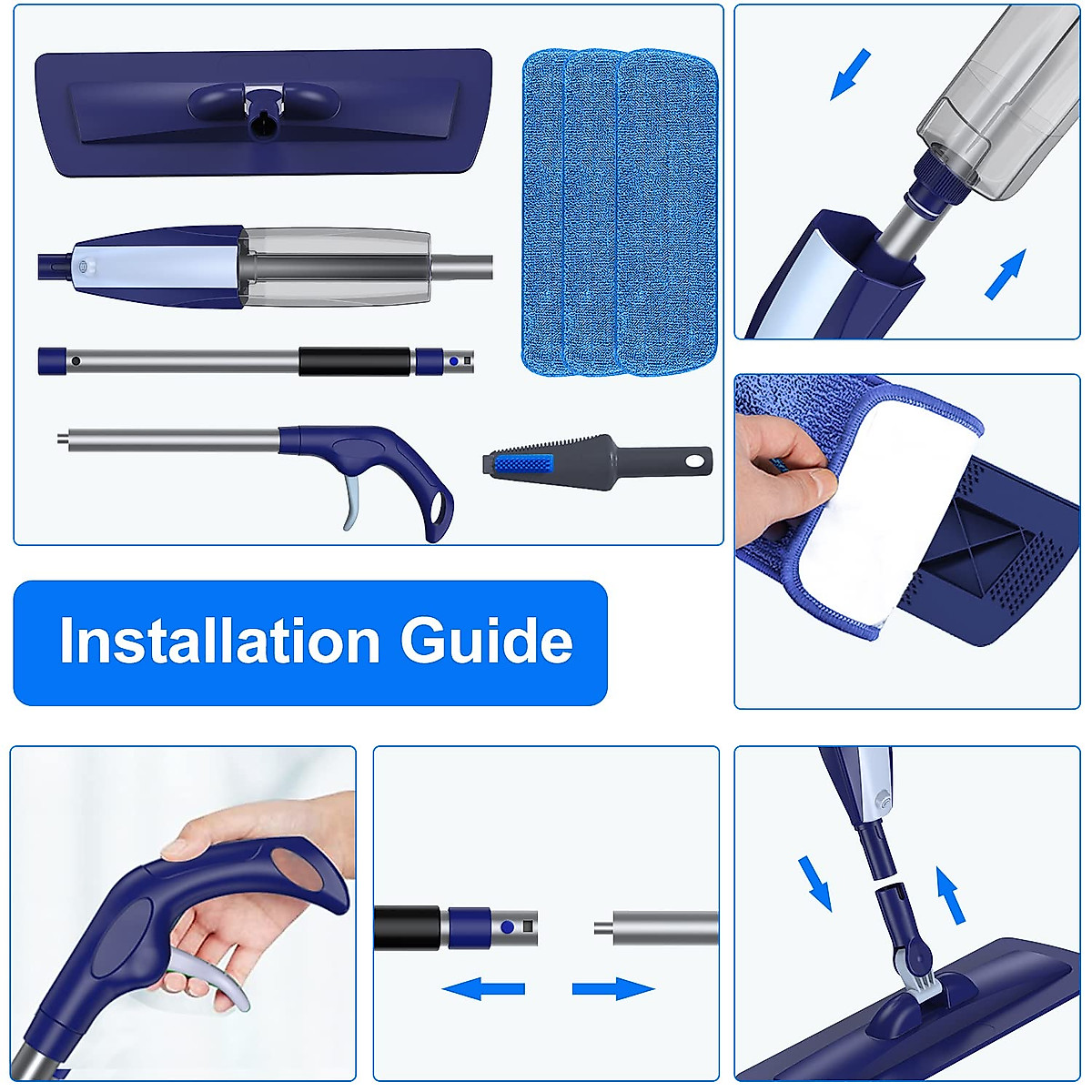 Beyoco Microfiber Spray Mops for Floor Cleaning with 3pcs Reusable Washable Pads - Flat Floor Mop with Refillable Bottle, Dry Wet Dust Mop with Sprayer for Hardwood Laminate Tile Wood Kitchen Floors