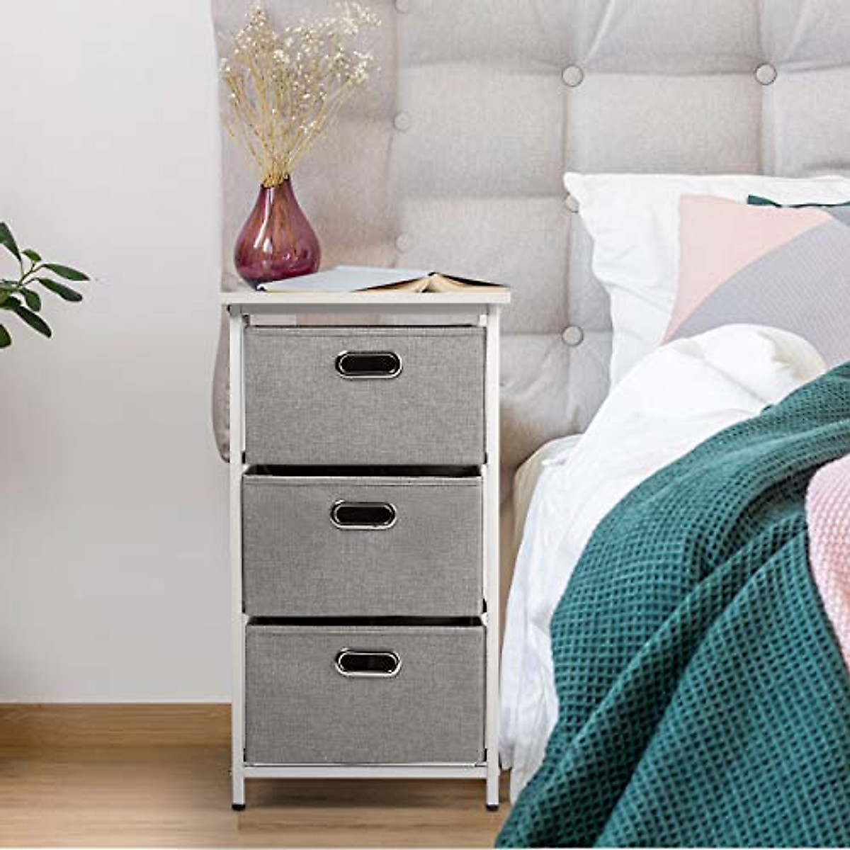 Giantex Vertical Dresser Storage W/ 3 Fabric Drawers,Easy Pull Fabric Bins,Steel Frame and Wood Top,3-Tier Organizer Tower Unit for Bedroom Hallway Entryway End Table (1, White)