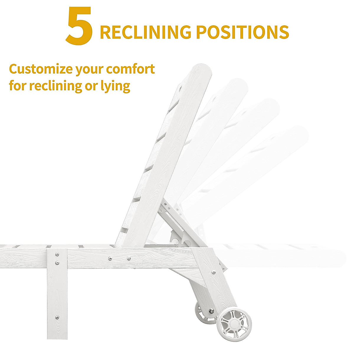 DWVO Patio Chaise Lounge Chair, HIPS Material Outdoor Lounger Recliner with Wheel, Beach Pool Sunbathing Lawn Lounger Recliner Chair with 5 Positions for All Weather, White