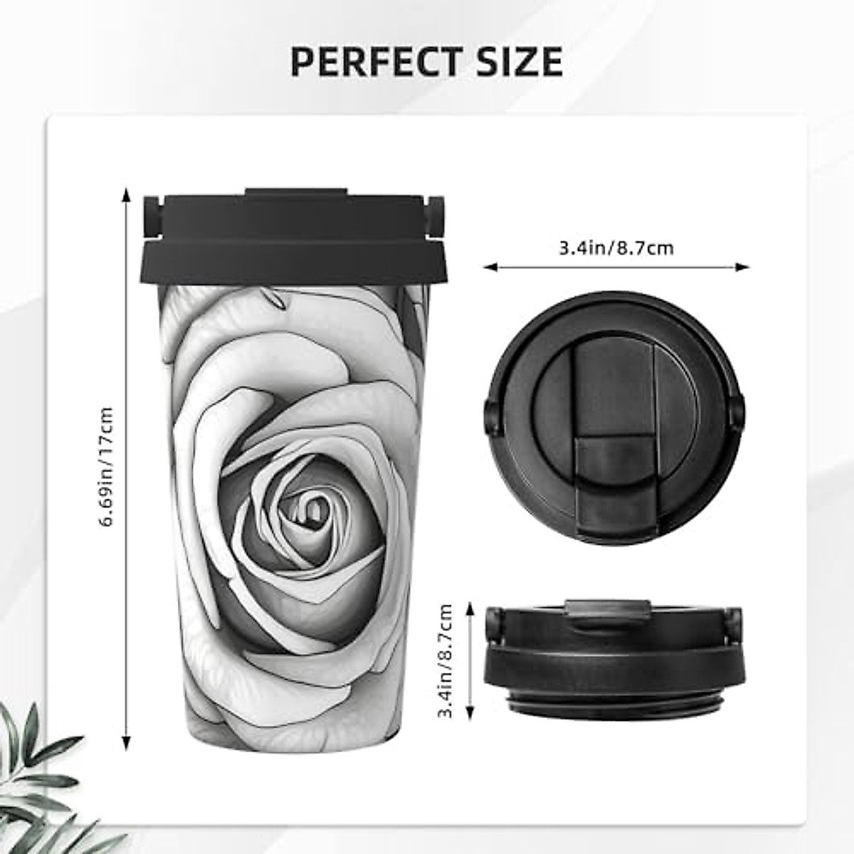 GTKSYNVE Reusable Coffee Mug with Lid and Handle, Black White Rose Tumbler for Hot & Cold Drinks 16oz Stainless Steel Insulated Coffee Tumblers Double Wall Vacuum Thermal Cup